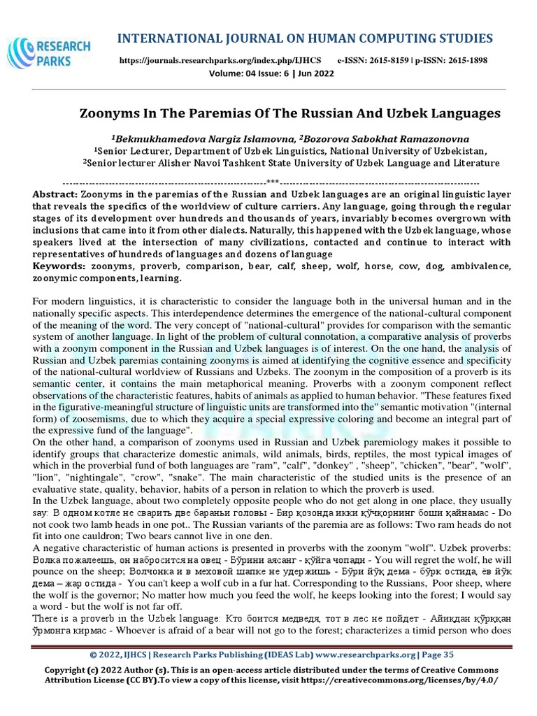 Zoonyms in The Paremias of The Russian and Uzbek Languages | PDF | Linguistics | Proverb