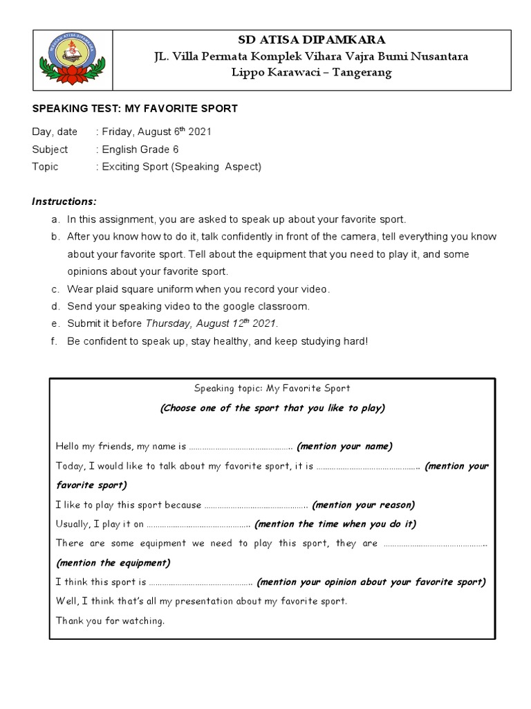 Grade 6 Speaking Test: Favorite Sport | PDF | Sports & Recreation