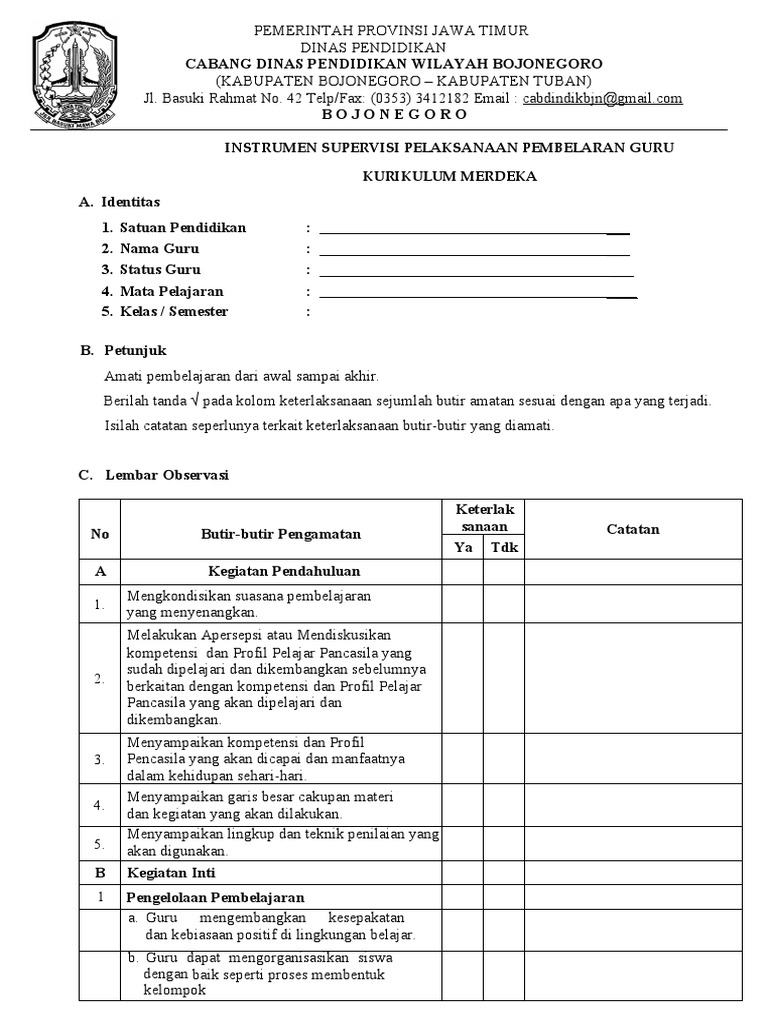 Instrumen Supervisi Pelaksanaan Pembelajaran Guru Kurikulum Merdeka | PDF