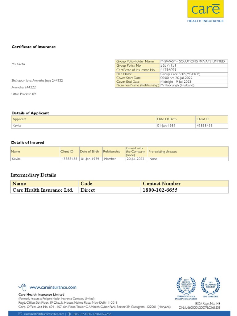 Intermediary Details Name Code Contact Number Care Health Insurance Ltd. Direct 1800-102-6655 ...