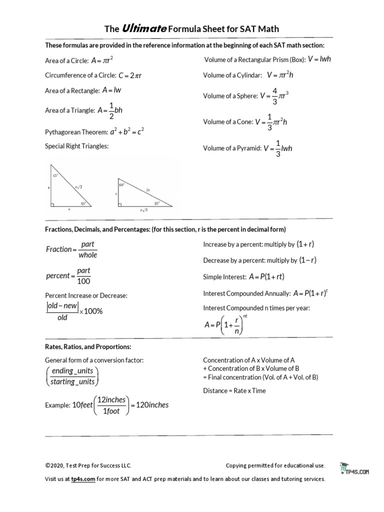 Formula-Sheet-for-the-SAT Maths | PDF | Area | Angle
