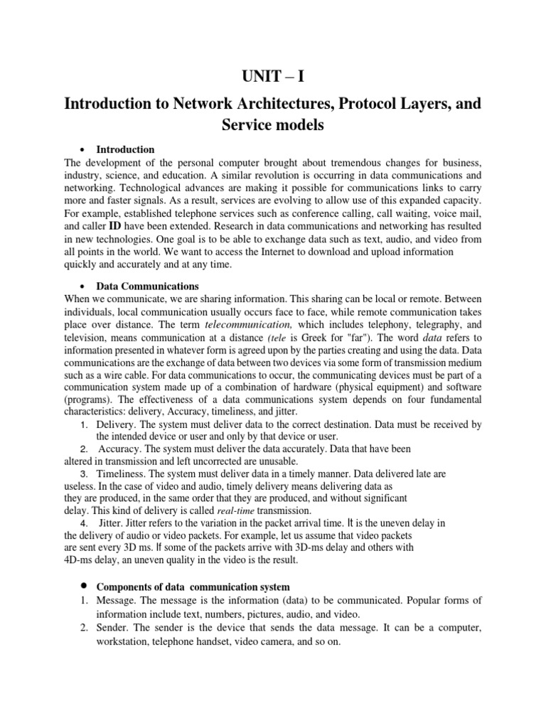 Unit 1 Introduction To Network Architectures Protocol Layers And