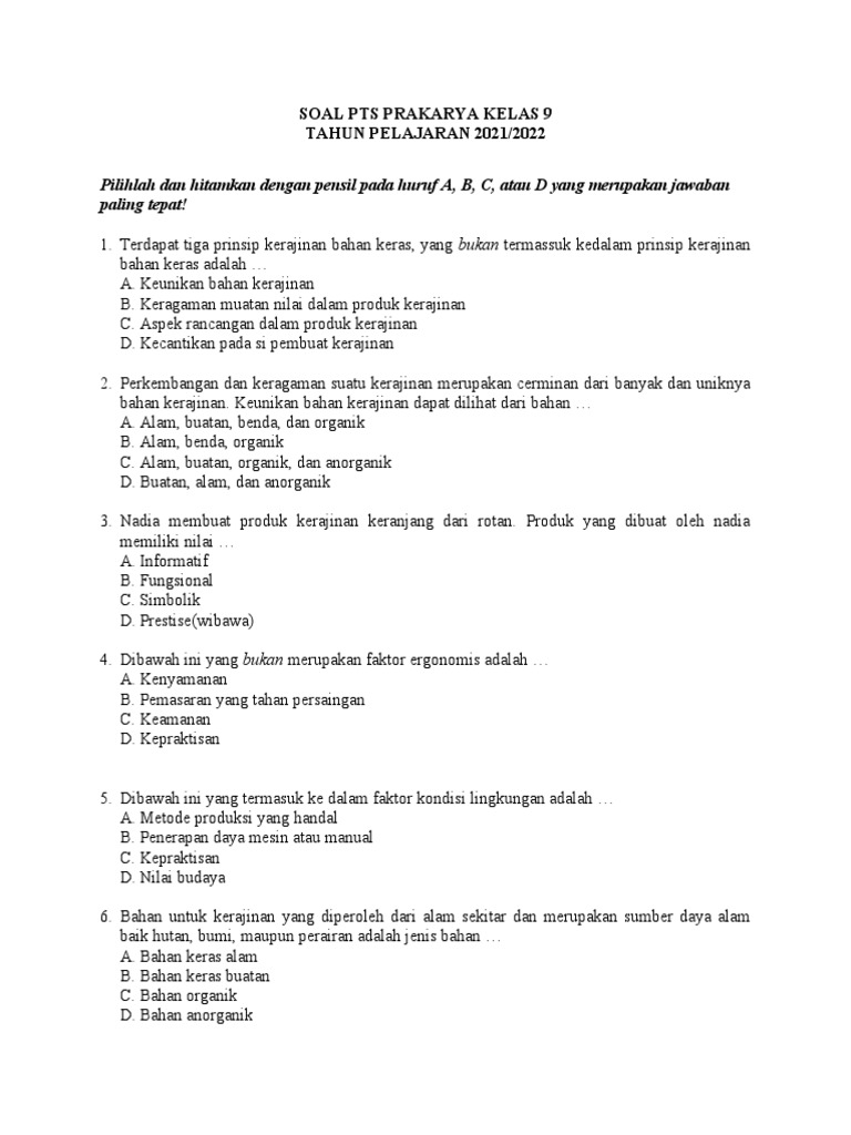 Soal PTS Prakarya Kelas 9 | PDF | Griya & Taman | Teknologi & Rekayasa