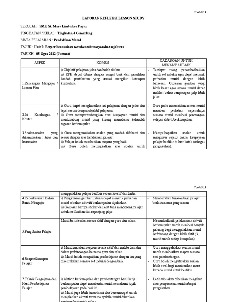 2022 Laporan Refleksi Lesson Study | PDF