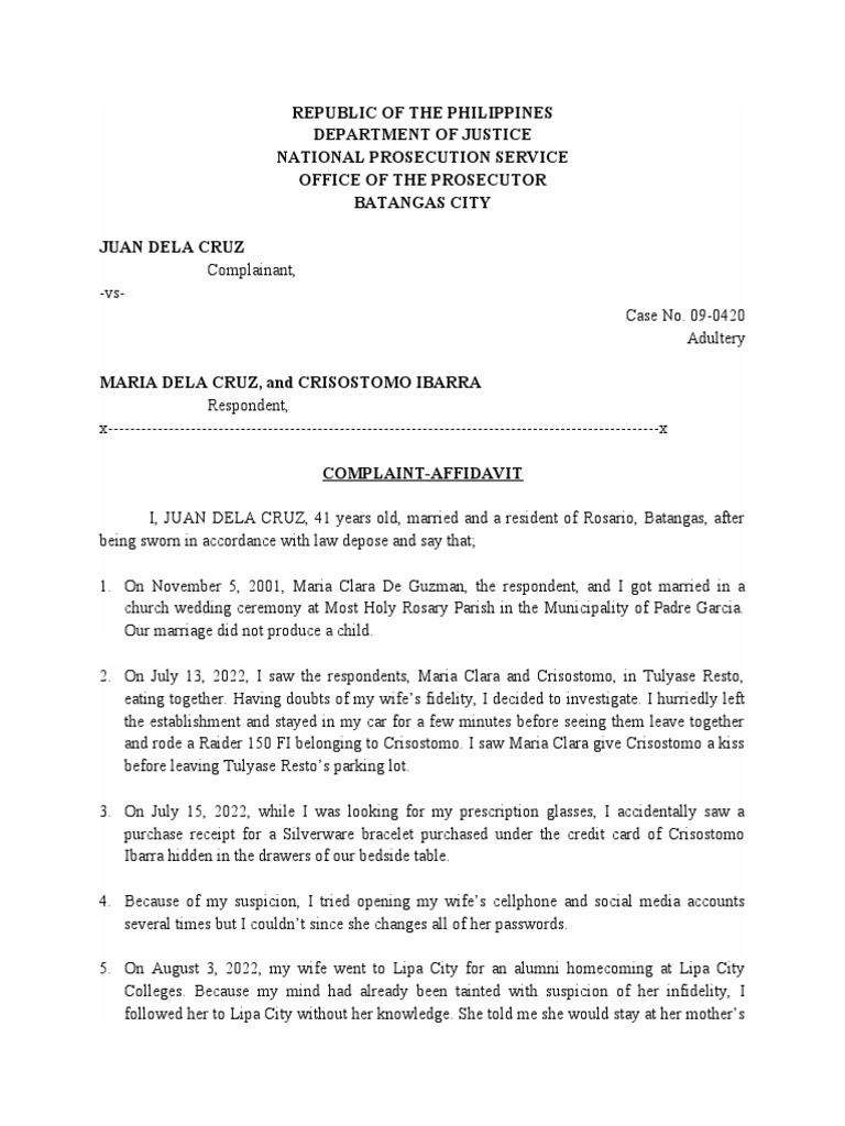 Adultery Complaint-Affidavit Sample | PDF