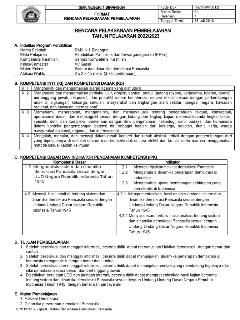 RPP PKM - Sistem Dan Dinamika Demokrasi Pancasila 2022 2023 | PDF