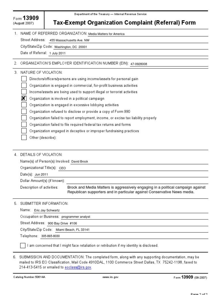 Jul 01 IRS Complaint Form - 13909 (1) Re Media Matters | PDF | Social ...