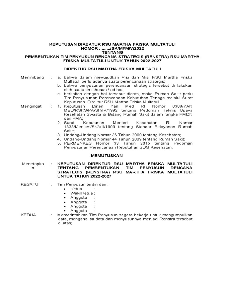 SK Pembentukan Tim Penyusun Rencana Strategis (Renstra) Rsumfm | PDF