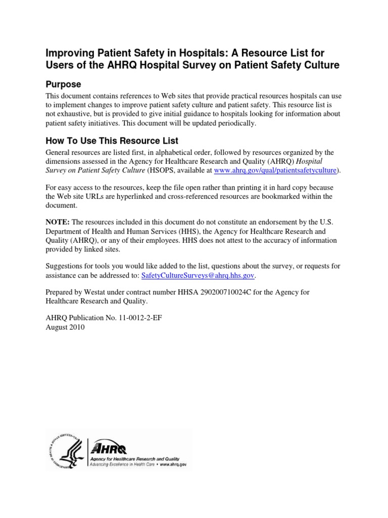 Improving Patient Safety in Hospitals-A Resource List For | PDF ...
