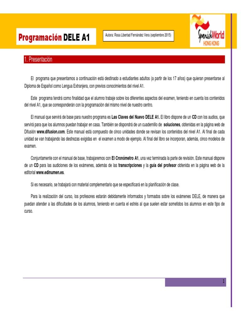PROGRAMACIÓN DELE A1 Completa | PDF | Género gramatical | Adjetivo