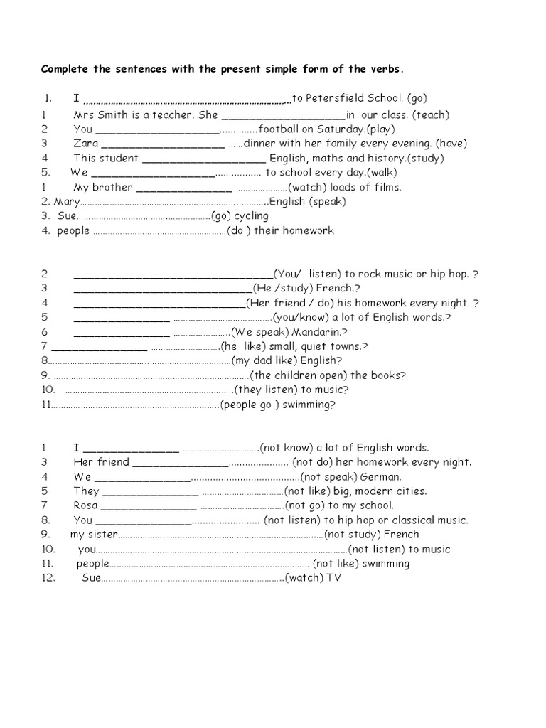 Complete The Sentences With The Present Simple Form of The Verbs | PDF