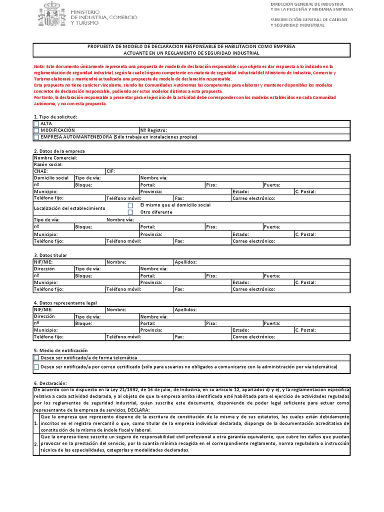 Propuesta Modelo Declaracion Responsable | PDF | Sistema de rociadores contra incendios | Alto ...