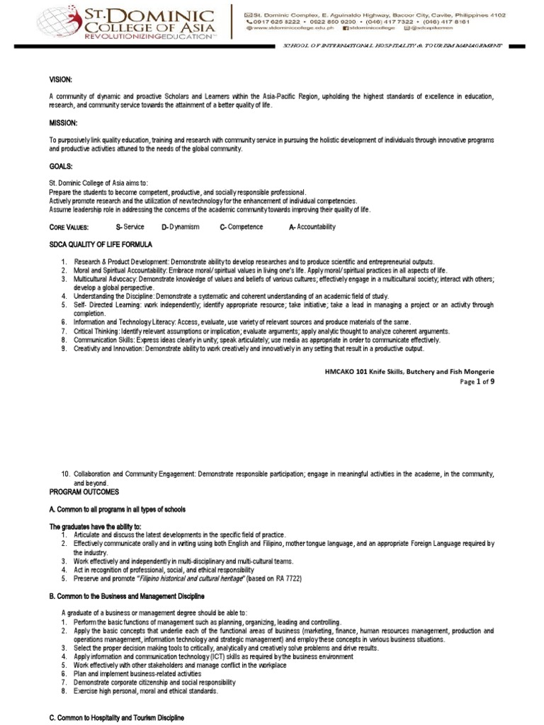 Course Syllabus Knife Skills, Butchery and Fish Mongerie | PDF