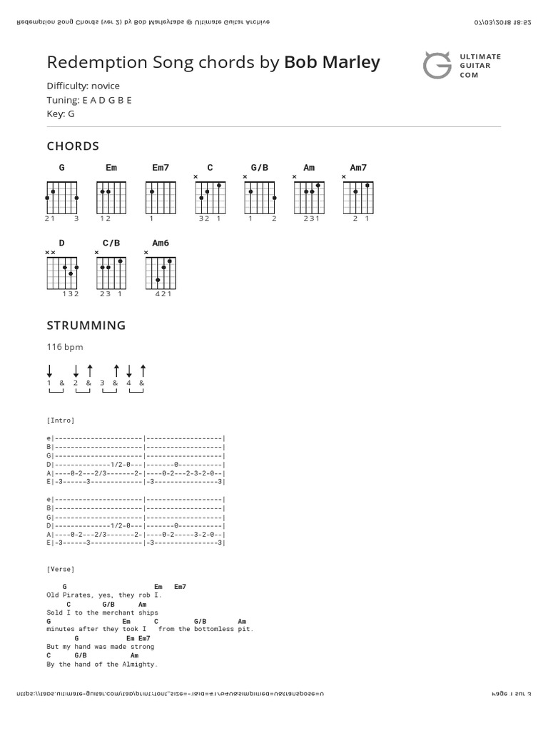 Redemption Song Chords (Ver 2) by Bob Marleytabs at Ultimate Guitar ...