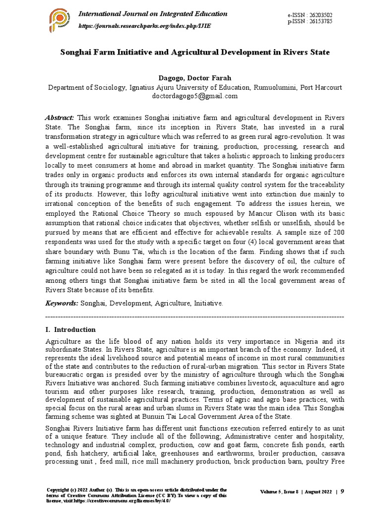 Songhai Farm Initiative and Agricultural Development in Rivers State ...