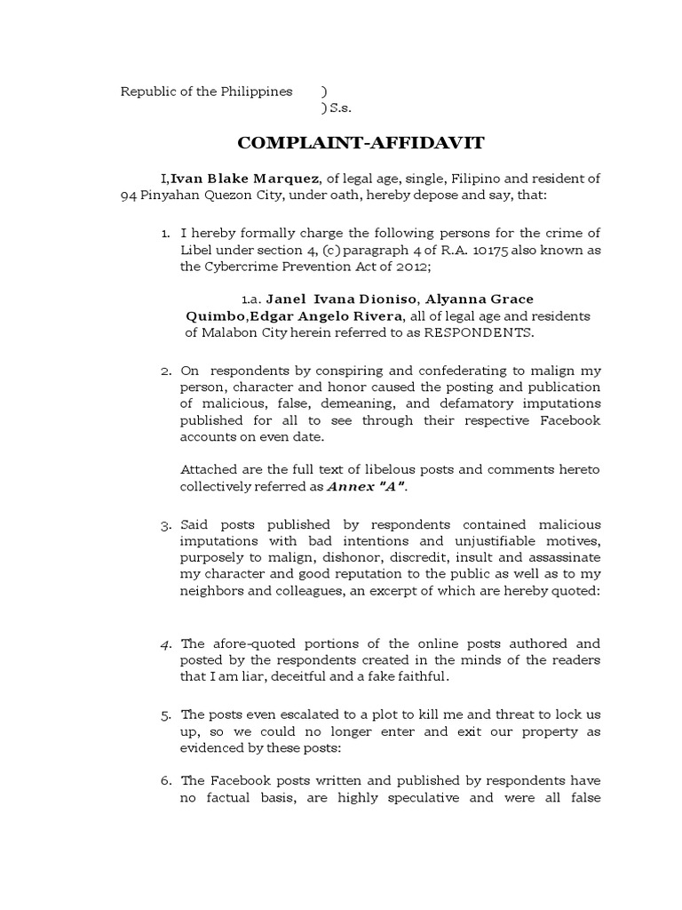 Cyber Libel Complaint-Affidavit Sample | PDF | Defamation | Affidavit