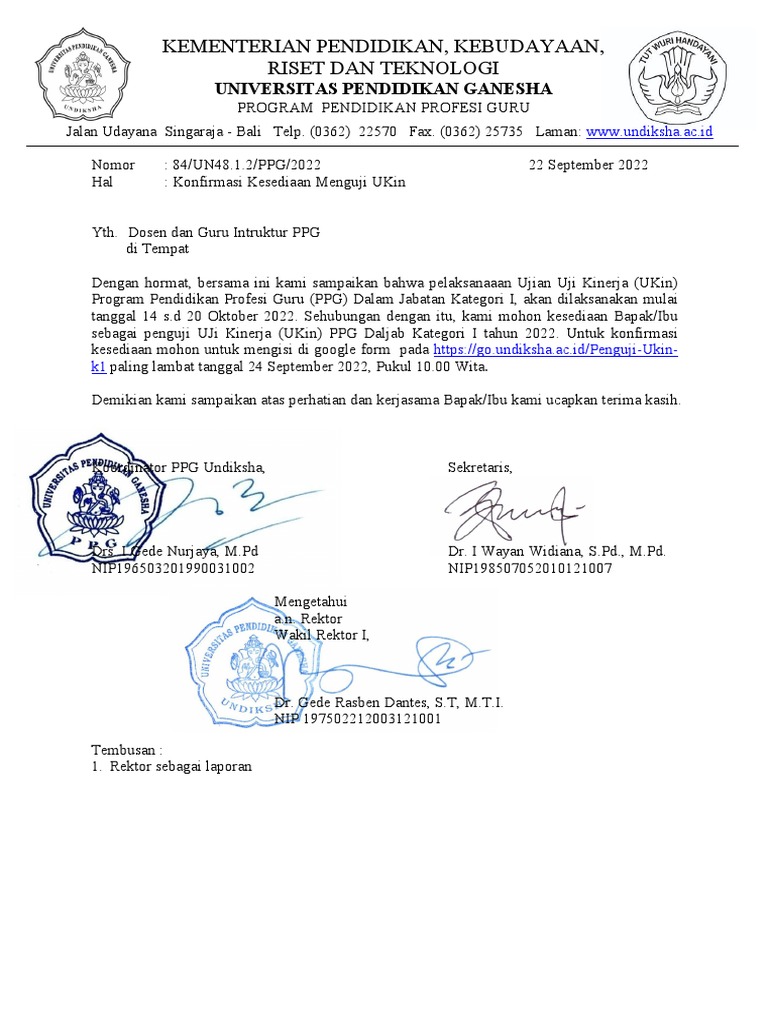 Surat Kesediaan Sebagai Penguji UKin Daljab K-I | PDF