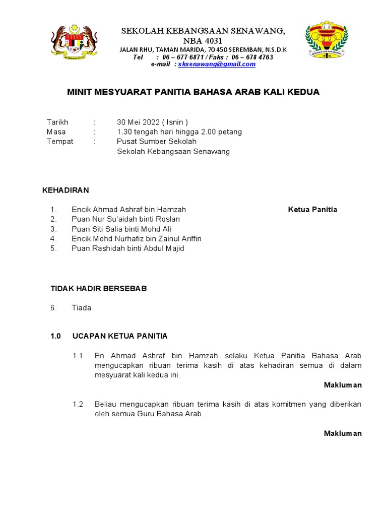 Contoh Minit Mesyuarat Kali Ke 2 | PDF