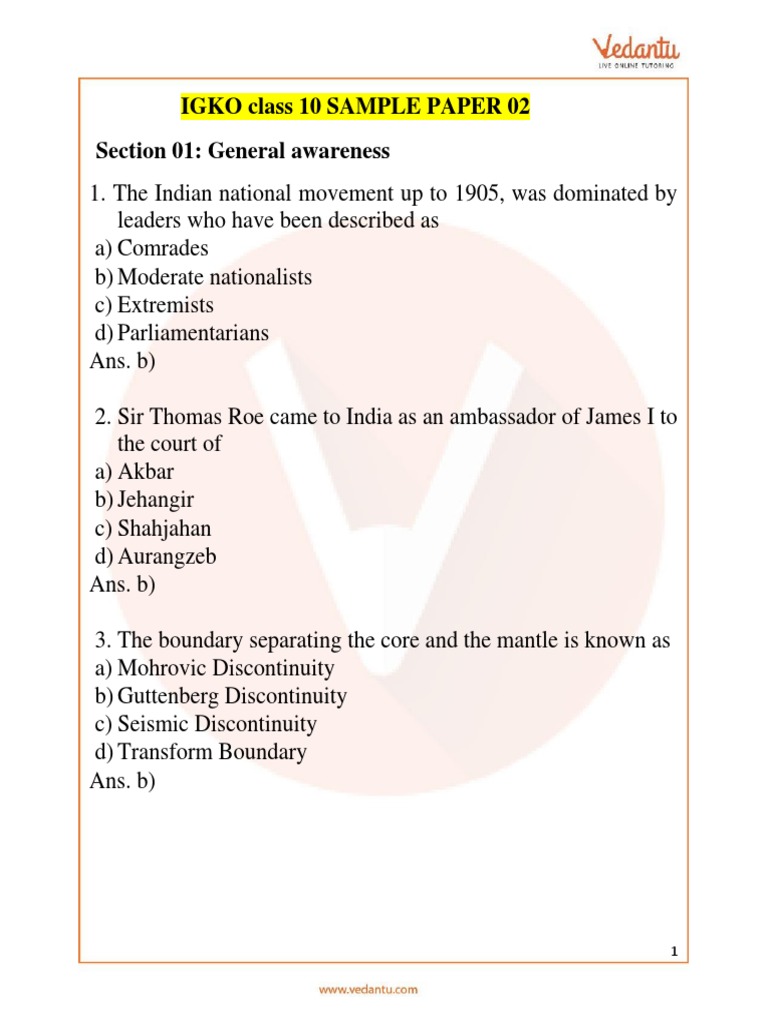 Class 10 IGKO Sample Paper 2 With Solutions Free PDF | PDF