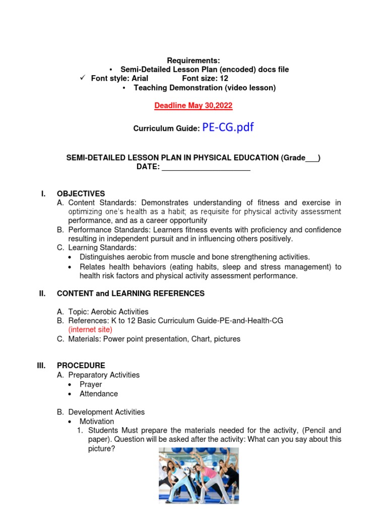 Sample Lesson Plan in PE | PDF | Aerobic Exercise | Lesson Plan