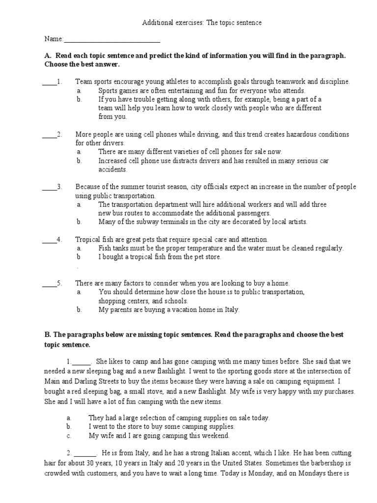 Topic Sentence Exercises | PDF | Language Arts & Discipline