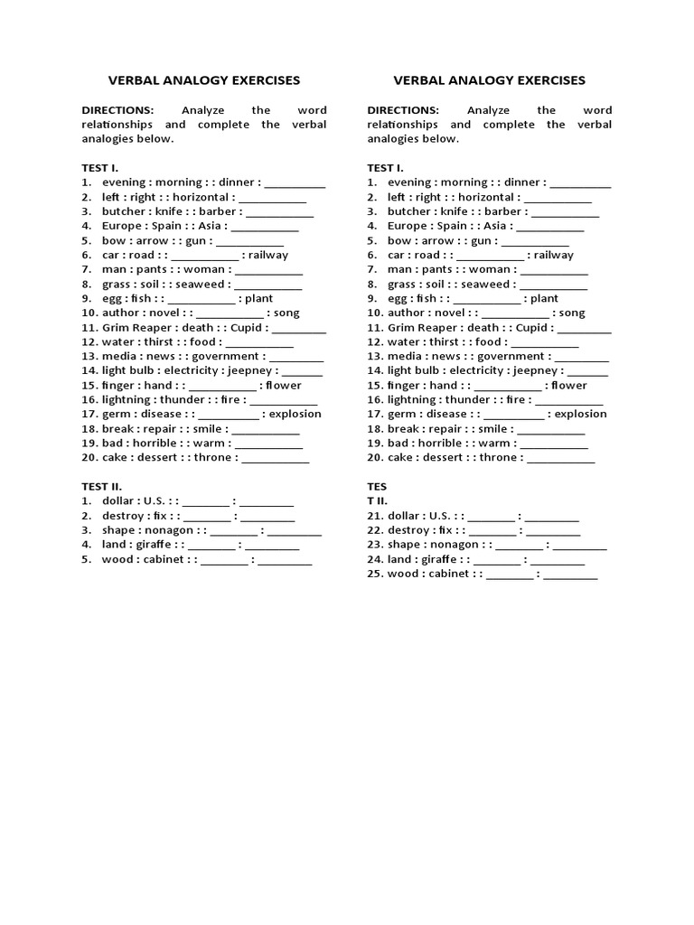 Verbal Analogy Completion Exercises | PDF