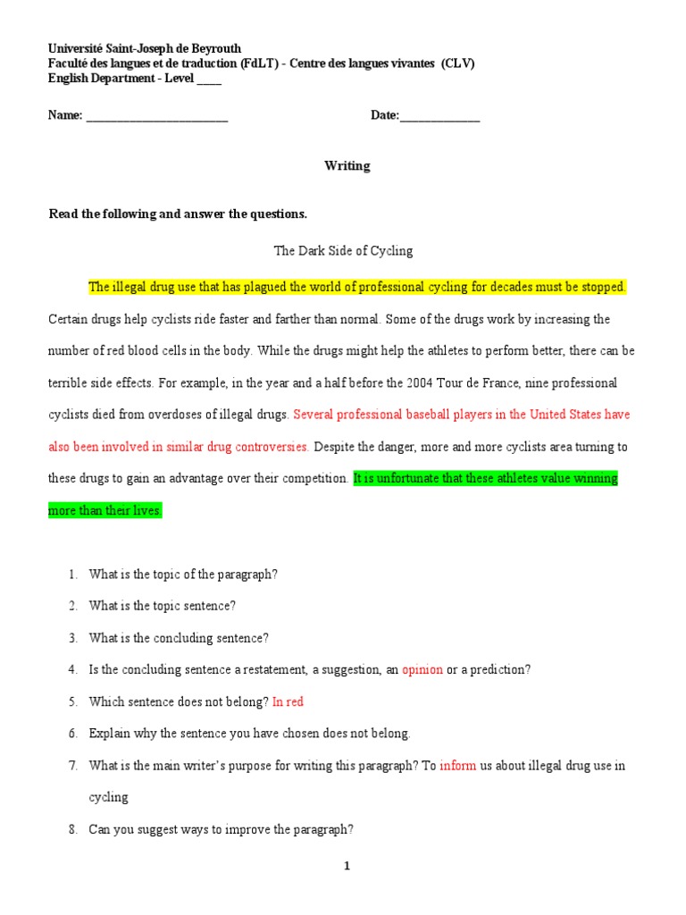 Analyzing A Paragraph Activity Pdf