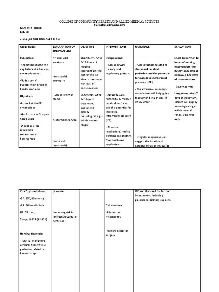 Nursing Care Plan Activity | PDF | Human Diseases And Disorders ...