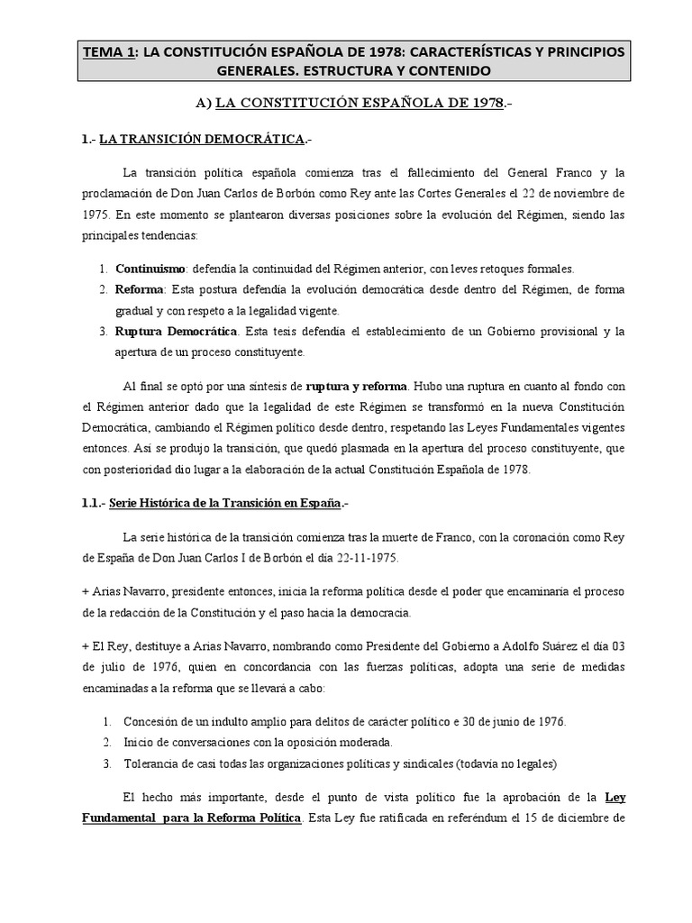 Tema 01 La Constitucion Española De 1978 Caracteristicas Y
