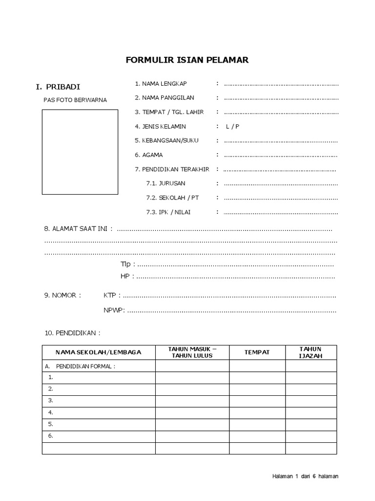 Formulir Isian Pelamar | PDF