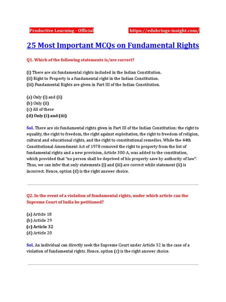 100 MCQs on Fundamental Rights | PDF | Government | Public Law