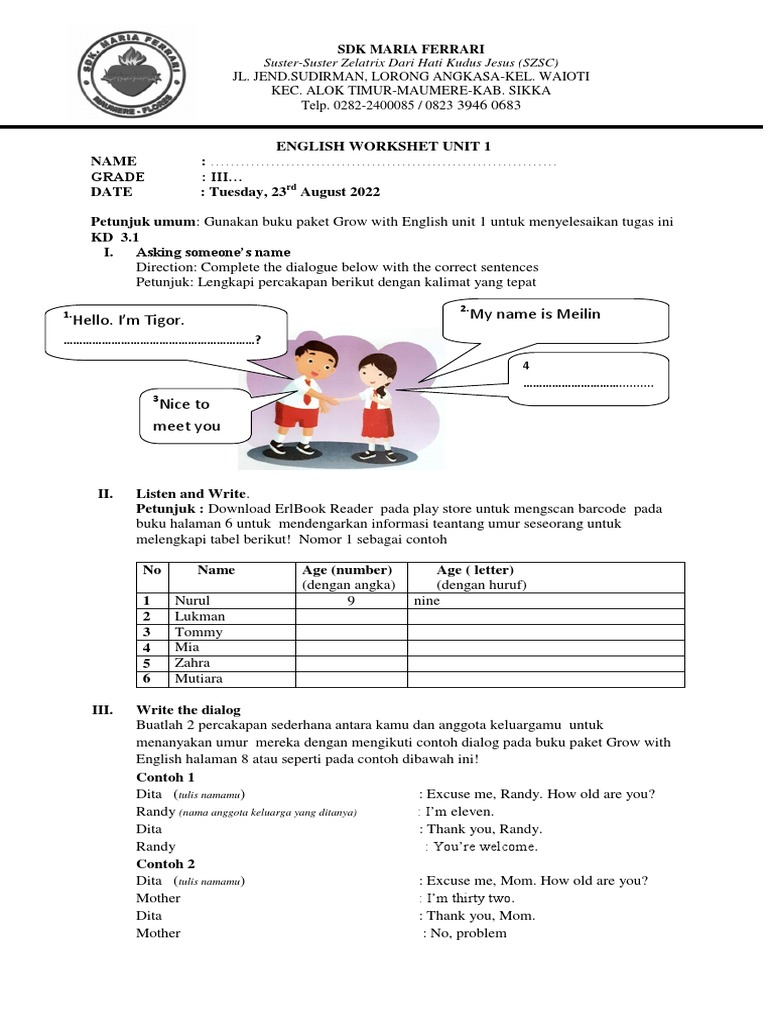 ENGLISH WORKSHEET UNIT 1 Grade 3 | PDF