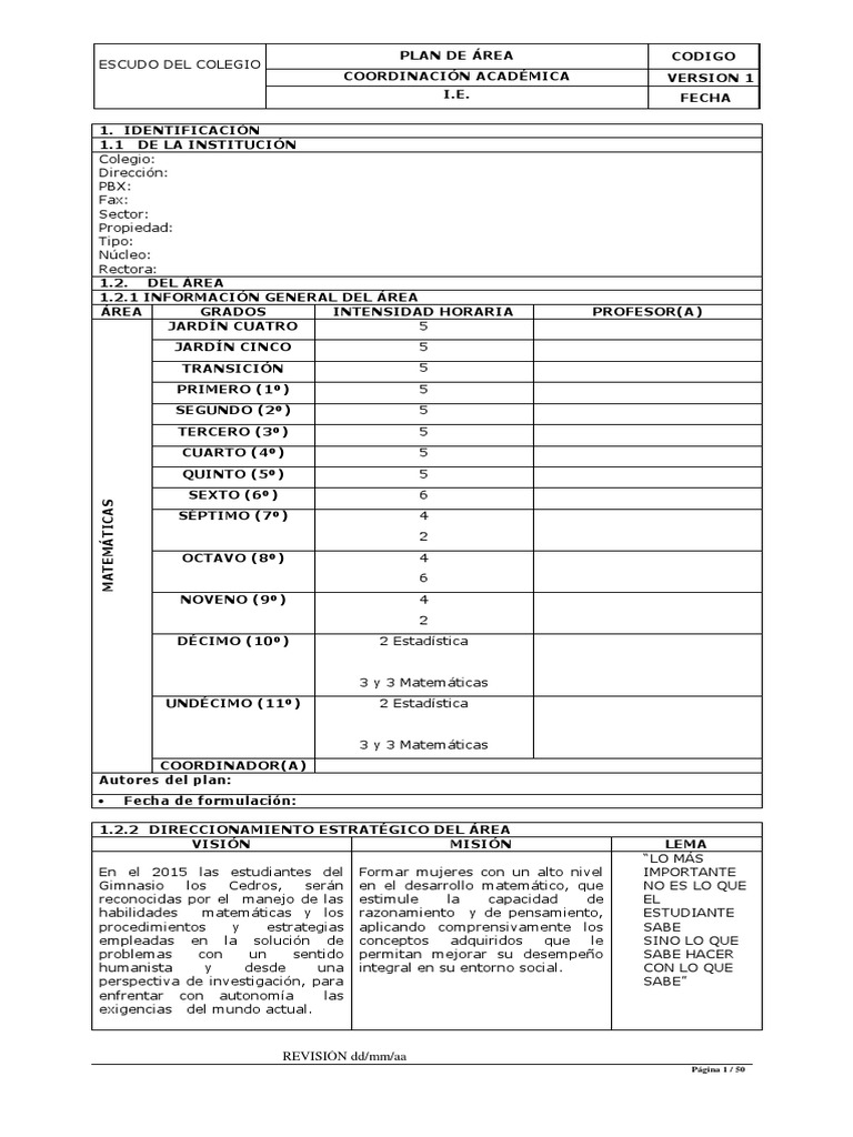 Plan De Area Matemáticas Pdf Matemáticas Pensamiento