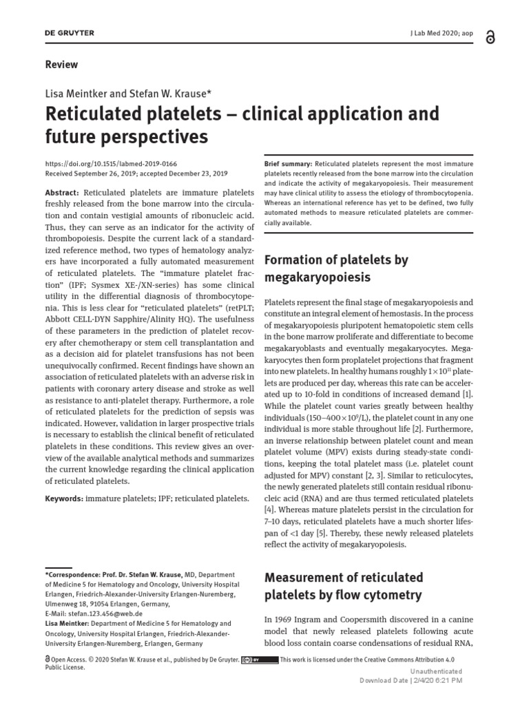 Reticulated Platelets - Clinical Application and F | PDF | Platelet ...