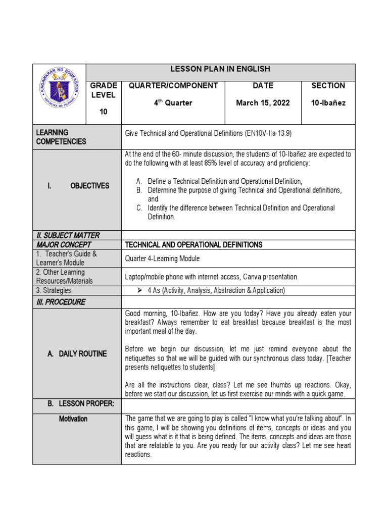 KENOH Lesson Plan in English 10 Technical Operational Definition | PDF ...