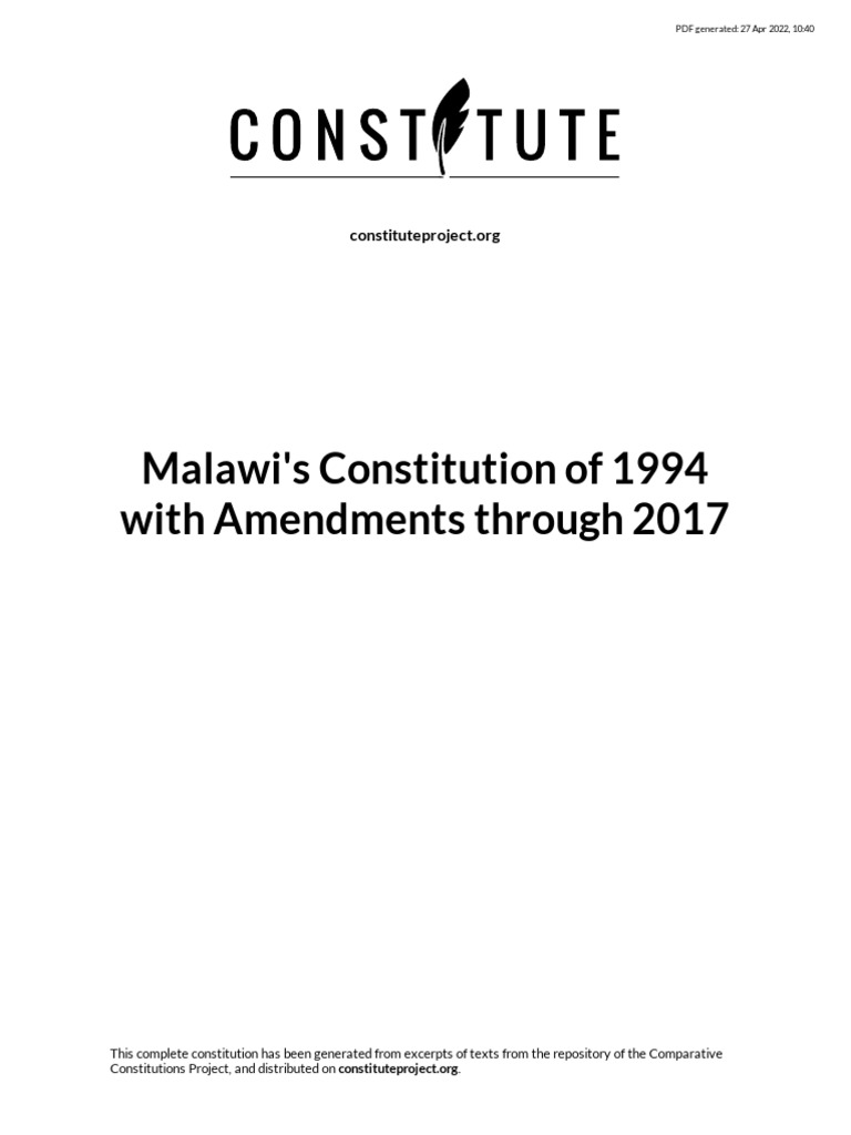 Malawi Constitution 1994 with 2017 Amendments | PDF | Constitution ...