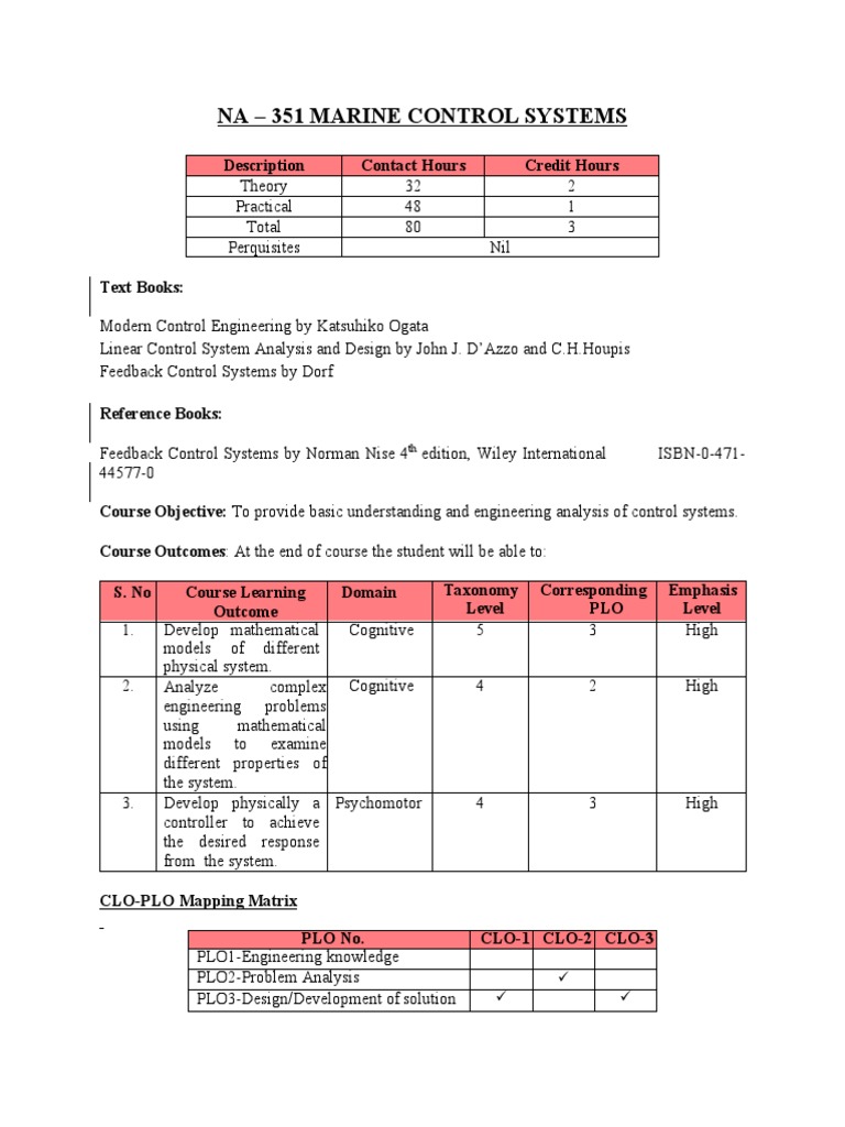 Course Outline | PDF | Control Theory | Cybernetics