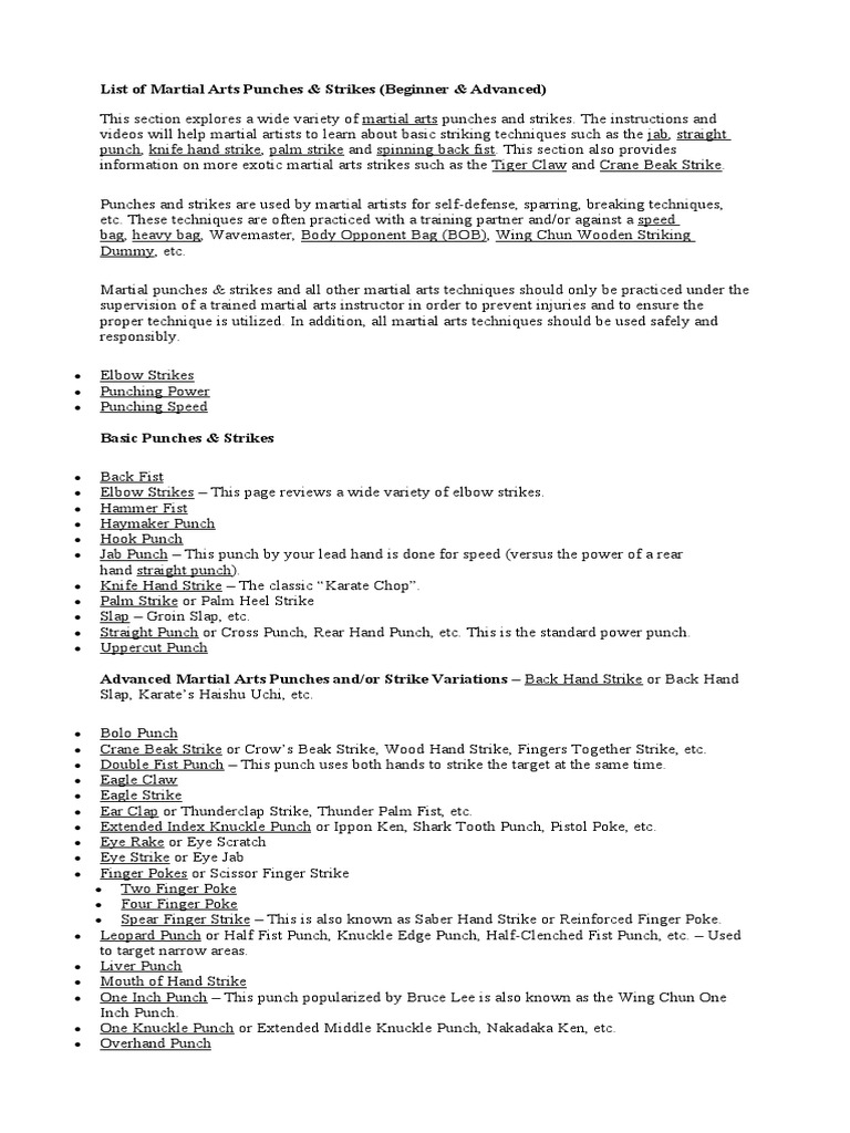 List of Martial Arts Punches | PDF | East Asian Martial Arts | Combat ...