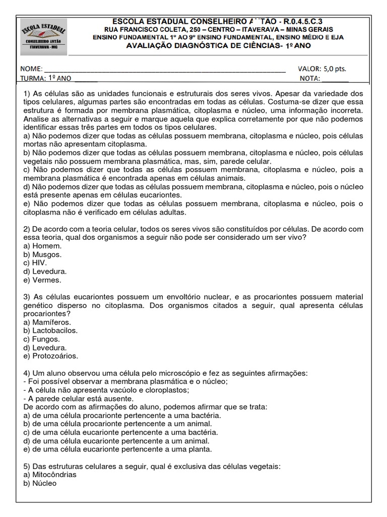 Prova de Biologia - 1o Ano - Fabiana | PDF | Célula (Biologia) | Abiogênese