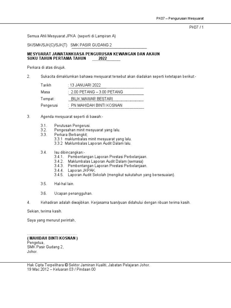 01 Surat Panggilan Mesy JPKA Suku Tahun Pertama Tahun 2022 | PDF