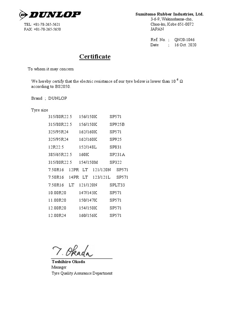 Anti Static Certificate - Dunlop SP571 | PDF