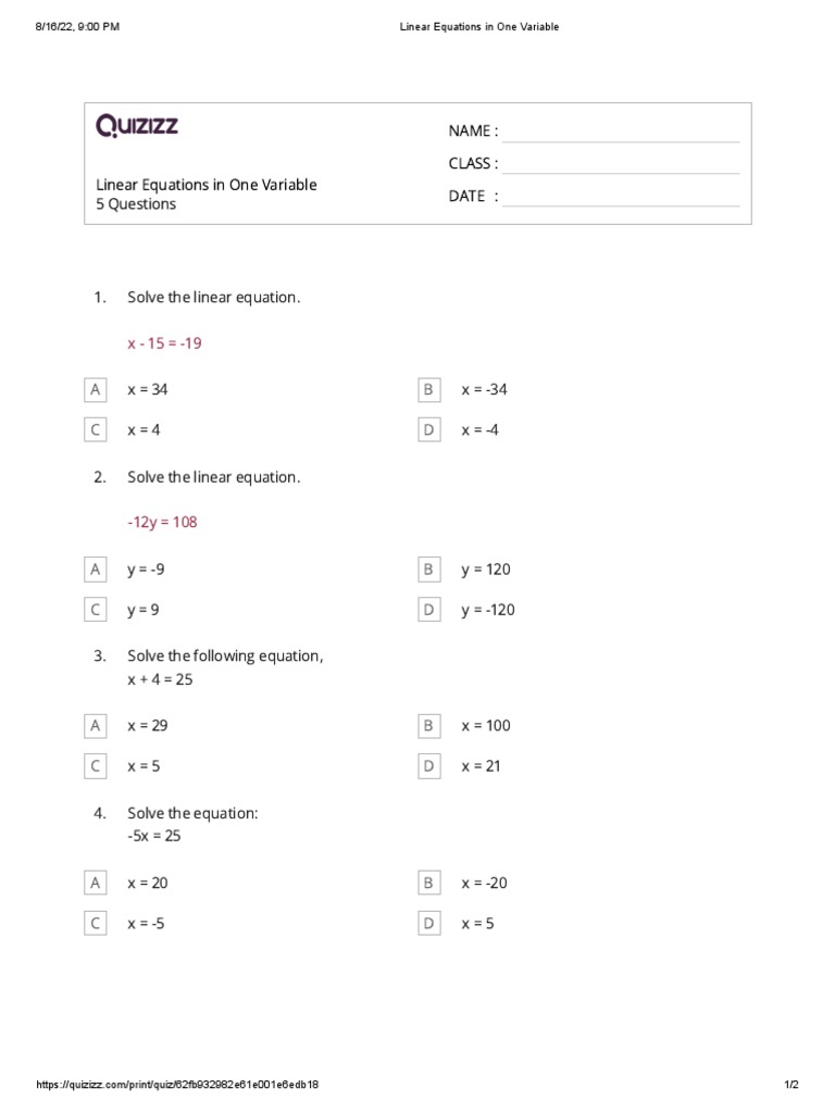 Students Review Worksheet Linear Equations in One Variable | PDF