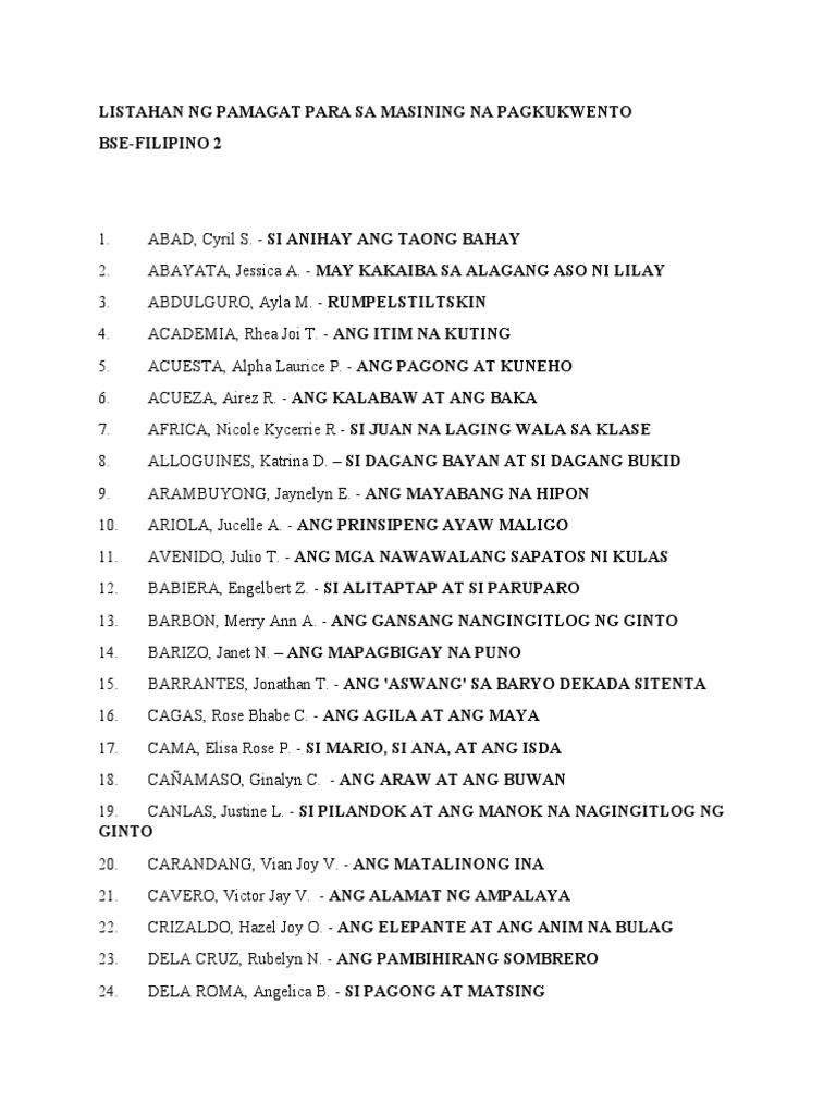 Listahan NG Pamagat para Sa Masining Na Pagkukwento | PDF