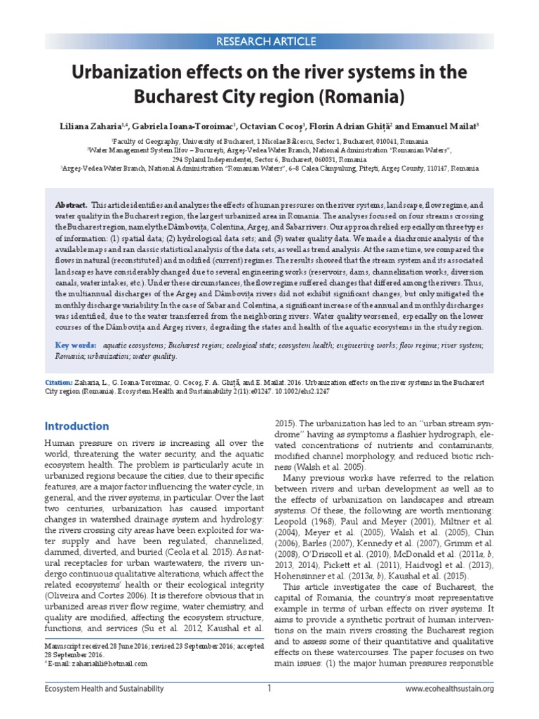 Ecosystem Health Sustain - 2016 - Zaharia - Urbanization Effects On The River Systems in The ...