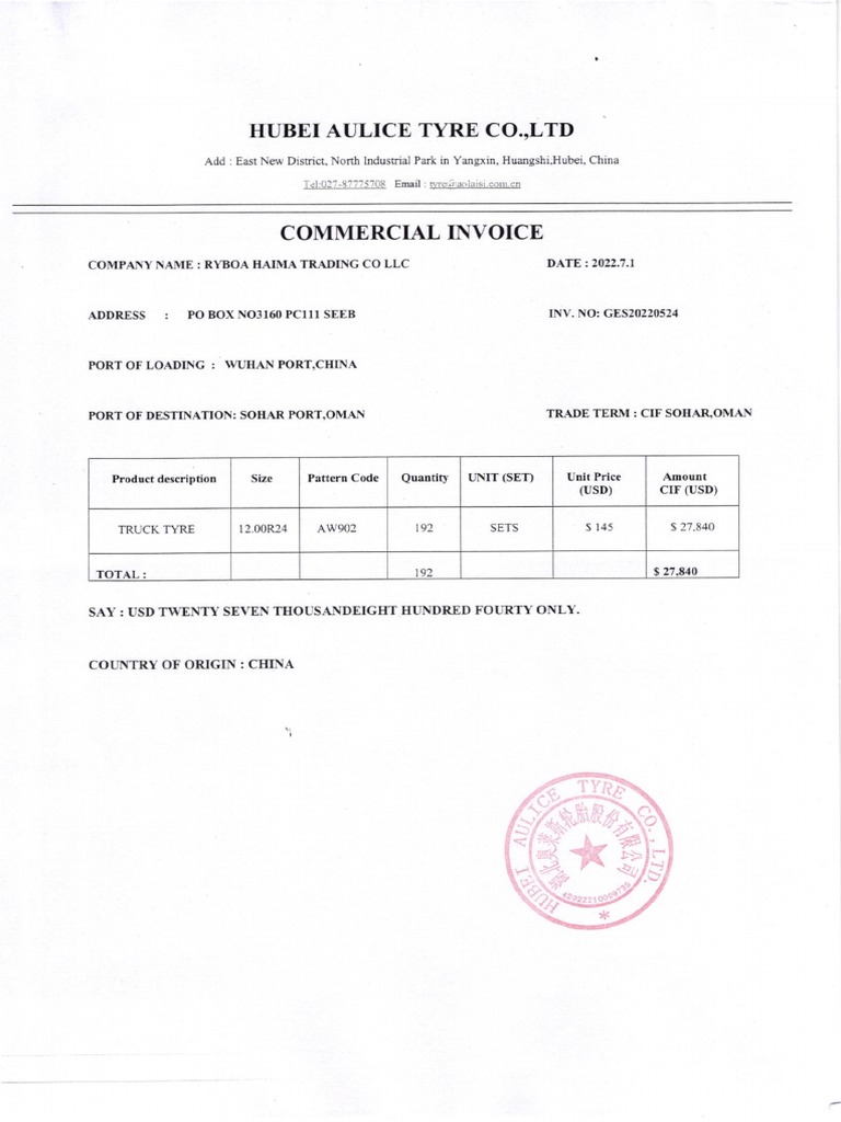 Commercial Invoice and Bill of Lading for 192 Truck Tyres Shipped from China to Oman | PDF ...
