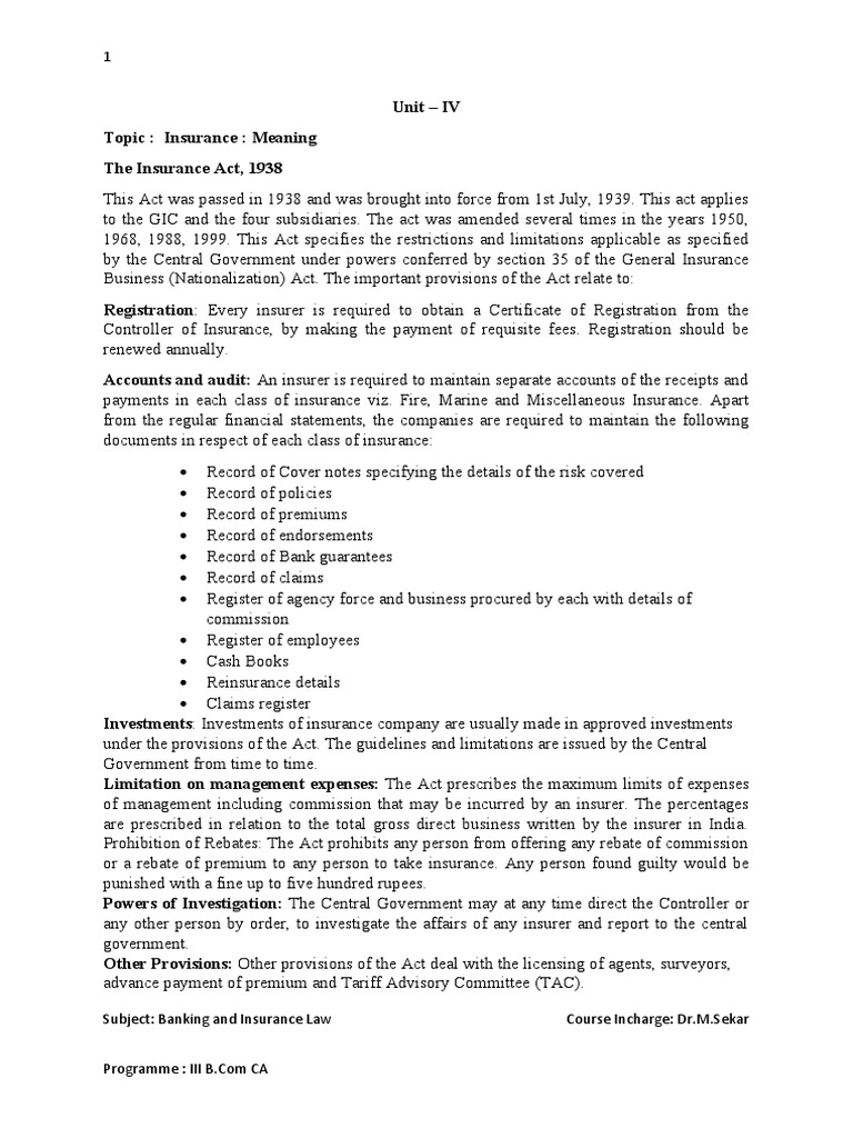 Unit - IV Banking and Insurance Law Study Notes | PDF | Insurance | Justice