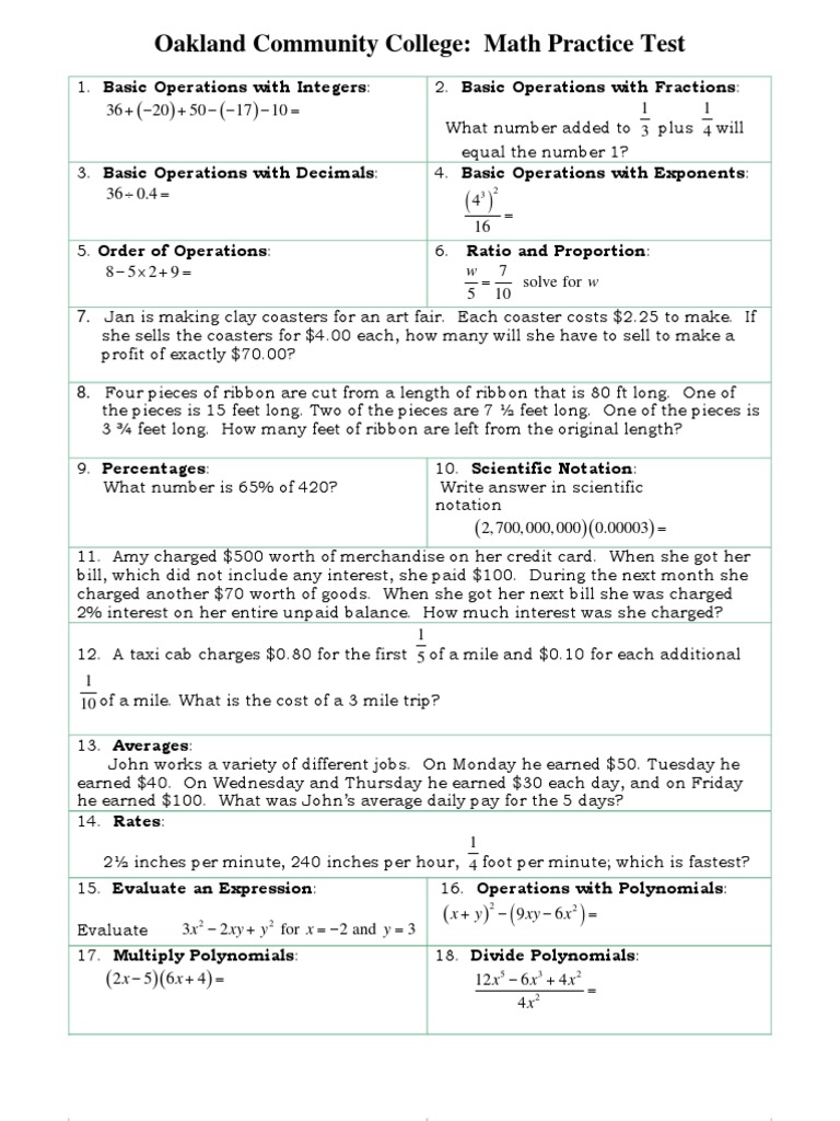 Oakland Community College: Math Practice Test: X Xy y X y X y Xy X ...