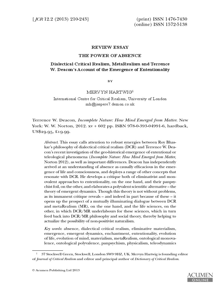 Critical Realist On Deacon | PDF | Mind | Causality