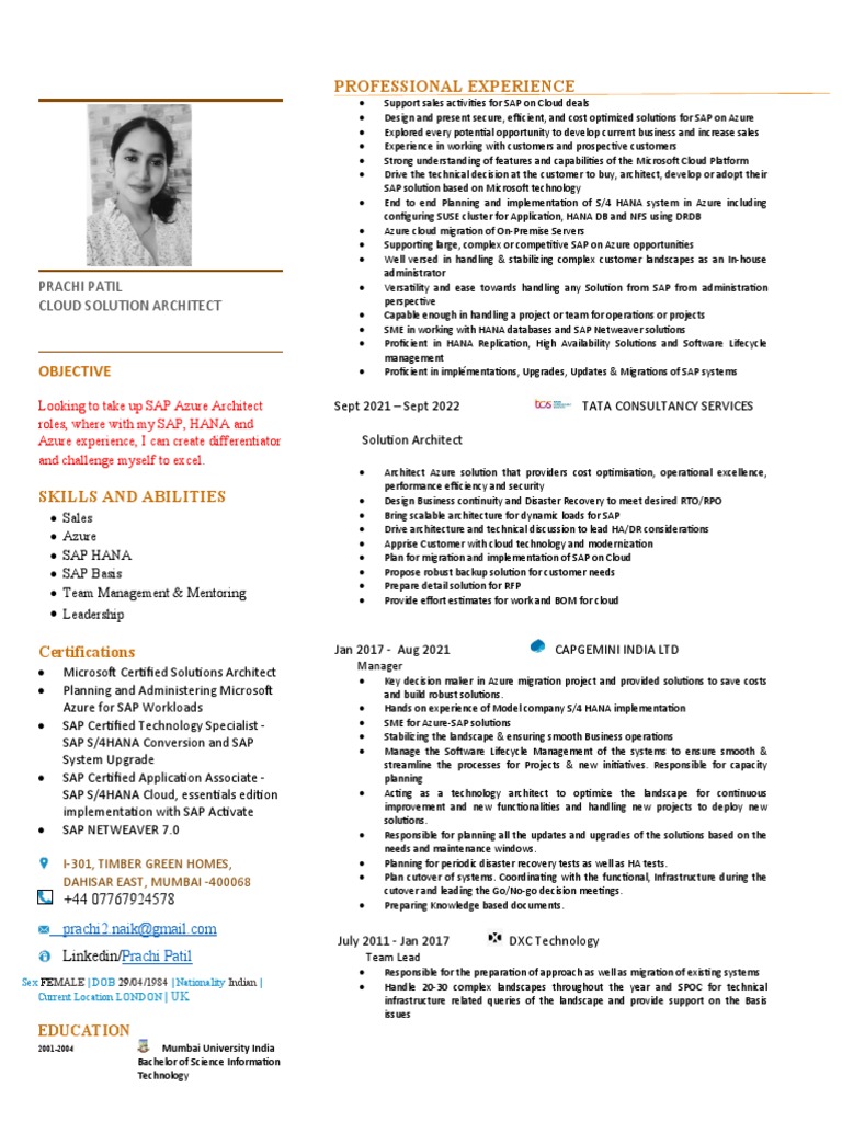 Prachi Patil SAP Azure Architect | PDF | Microsoft Azure | Cloud Computing