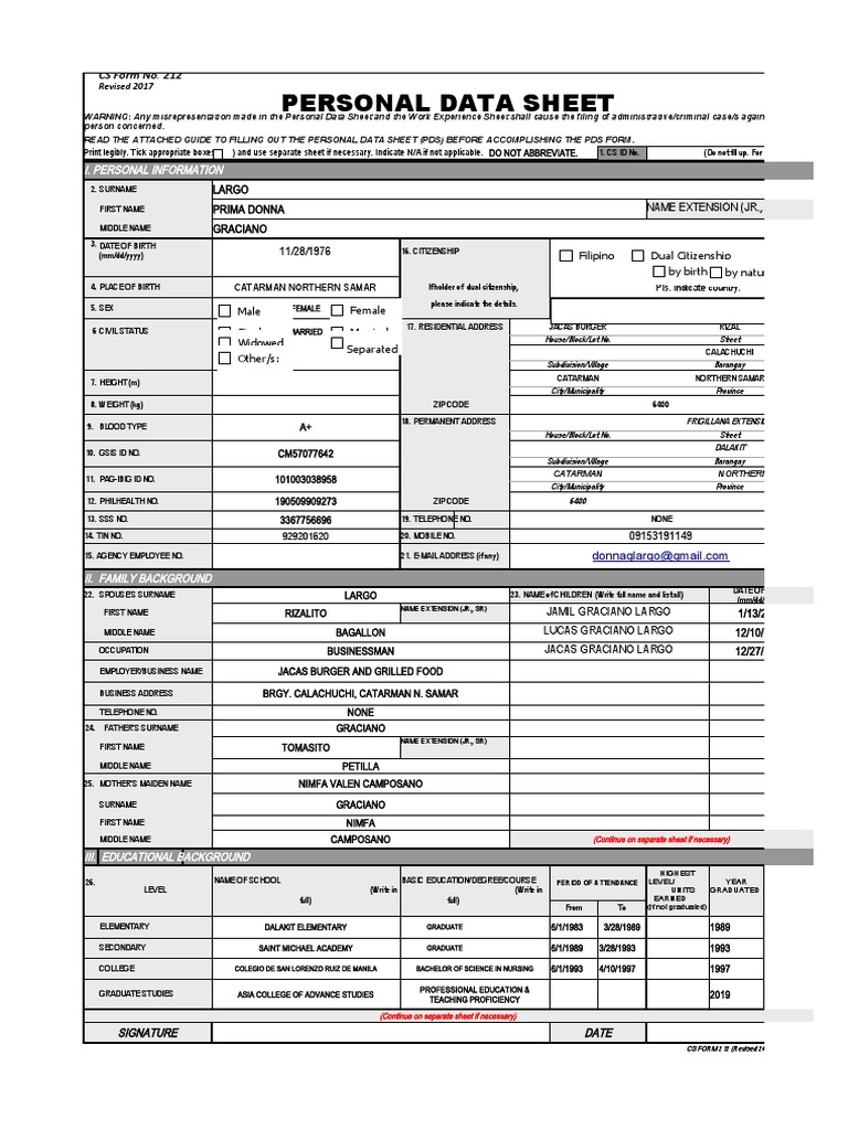 Personal Data Sheet: Largo Prima Donna Name Extension (JR., SR ...